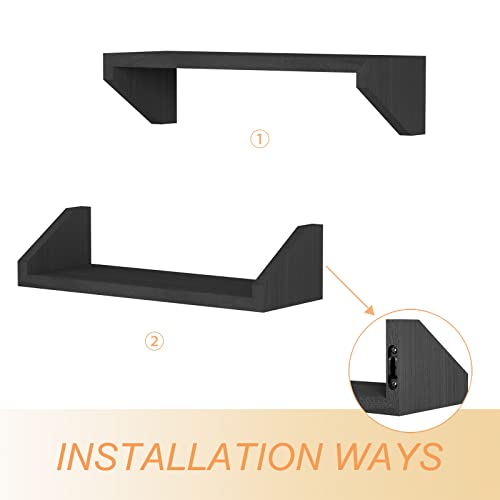 SRIWATANA Floating Shelves Wall Mounted Set of 3, Solid Wood Wall Shelf Display Ledge Storage Shelves for Living Room Kitchen Bathroom, Black