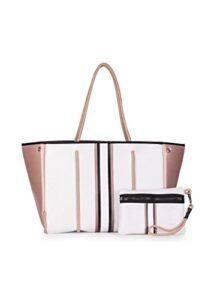 haute shore – greyson diva neoprene tote bag w/zipper wristlet inside, white w/black, rosegold & white stripe