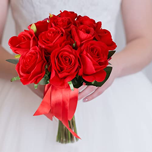 CEWOR 15pcs Artificial Roses with Stems Red Roses Valentine's Artificial Flowers Decorations for Mothers Day Bridal Bouquet Wedding Party Home Decor (Red)