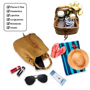 Hirooms Women Beach Bag Straw Woven Shoulder Bag Tote Bag Crossbody Bucket Handbags Summer Handmade Hobo Purse Bamboo Handle (Brown)