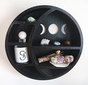 kanley crescent moon shelf for crystals stone, essential oil, small plant and art – wall, room, and gothic witchy decor – moon phase rustic boho shelfs – wooden hanging floating shelves – (black)