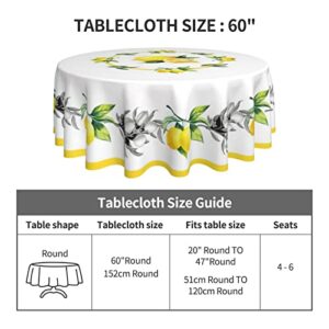 Yellow Lemon Round Tablecloths, Summer Circular Table Cover Washable Polyester for BBQ, Buffet Table, Parties, Holiday Dinner 60 Inch