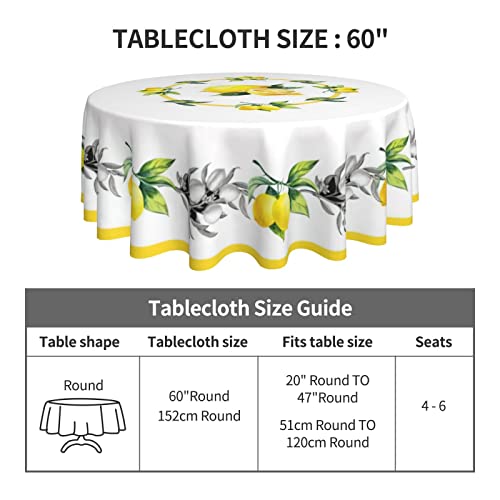 Yellow Lemon Round Tablecloths, Summer Circular Table Cover Washable Polyester for BBQ, Buffet Table, Parties, Holiday Dinner 60 Inch