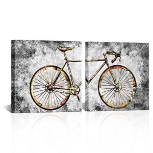 homeoart rustic bicycle graffiti wall art mountain bike painting retro bike canvas prints framed artwork farmhouse living room bedroom decoration 12″x12″x2pieces