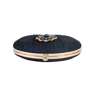 Mulian LilY Navy Blue Evening Bags For Women Pleated Glitter Rhinestone Crystal Brooch Clutch Purse With Detachable Chain Strap M268