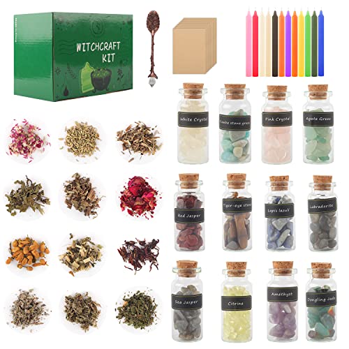 Witchcraft Supplies Box for Wiccan Spells , 49 Pack Witchcraft Starter Kit, Spell Candles&Crystals&Dried Herbs for Beginners Experienced Witches Pagan Spell-Versatile Tools Gifts Packaging