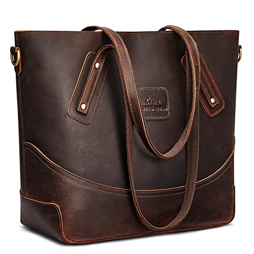 S-ZONE Vintage Genuine Leather Tote Bag for Women Work Shoulder Purse Large