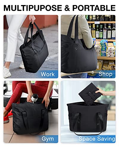 BAGSMART Tote Bag for Women, Foldable Tote Bag With Zipper Large Shoulder Bag Top Handle Handbag for Travel, Work, Shopping, Gym, School, Black