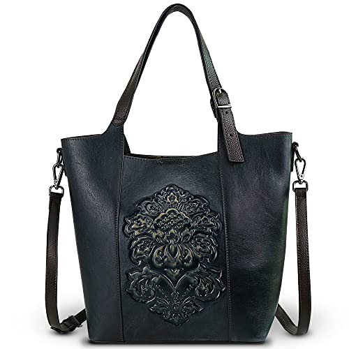 Tote Bags for Women Leather Shoulder Hand Bags Tote Handle Medium Satchel Vintage Embossing Rose (Blue)