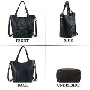 Tote Bags for Women Leather Shoulder Hand Bags Tote Handle Medium Satchel Vintage Embossing Rose (Blue)