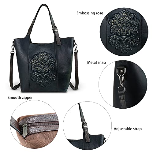 Tote Bags for Women Leather Shoulder Hand Bags Tote Handle Medium Satchel Vintage Embossing Rose (Blue)