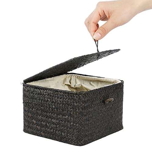 MyGift Black Seagrass Woven Small Storage Basket Organizer Box with Lid and Removable Fabric Liner