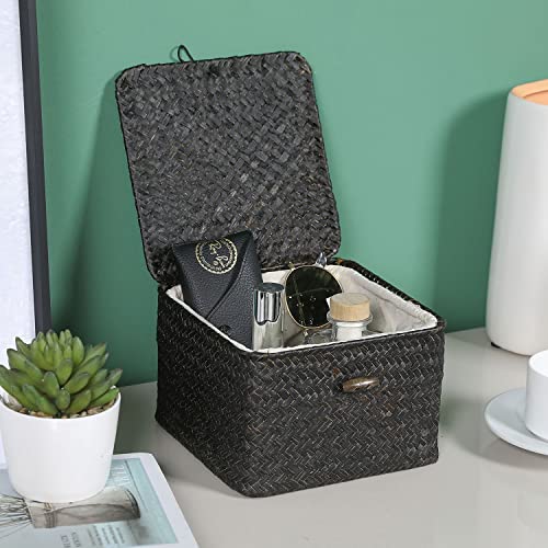 MyGift Black Seagrass Woven Small Storage Basket Organizer Box with Lid and Removable Fabric Liner