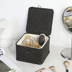 MyGift Black Seagrass Woven Small Storage Basket Organizer Box with Lid and Removable Fabric Liner