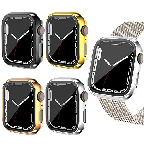 [4 Pack] Hard PC Plating Case Compatible for Apple Watch Series 7 45mm with Tempered Glass Screen Protector, Full Around Protective Cover Bumper for iWatch Smartwatch