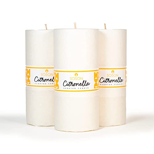 Simply Soson Citronella Scented Candles | 3x6 Pillars | Set of 3 | +40 Hours Burning Time | Outdoor Use