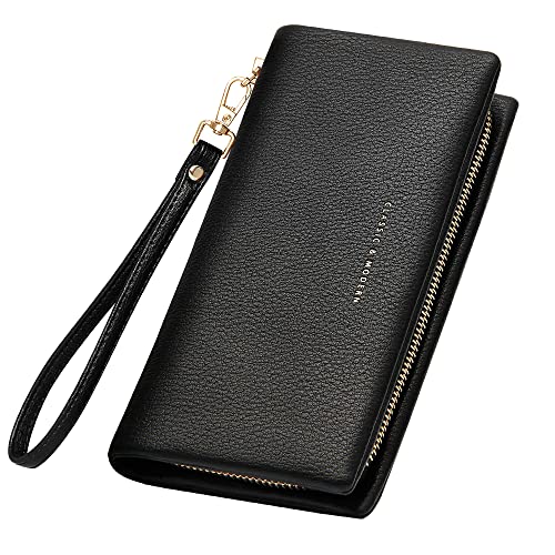 YOUBDM Clutch Wallet for Women Cell Phone Purse With Credit Card Holder Soft Pebbled Leather Wallet with Wristlet Strap(Black)