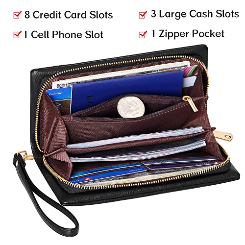 YOUBDM Clutch Wallet for Women Cell Phone Purse With Credit Card Holder Soft Pebbled Leather Wallet with Wristlet Strap(Black)