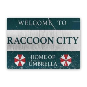 vintage metal tin sign personalized welcome sign- welcome to raccoon city home of umberella – aluminum sign door wall decor style for bar garage hotel diner cafe home supermarket garden farm 8 x 12