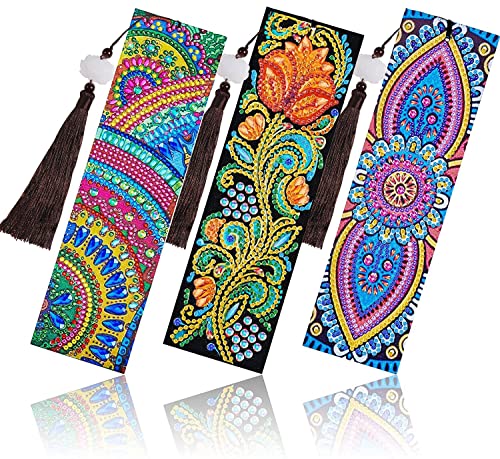 Diamond Painting Bookmark 3pack DIY Painting Bookmark Mandala Floral Beaded Bookmark Leather Tassel Bookmark for Valentine's Day Graduation Birthday Embroidery Arts Crafts