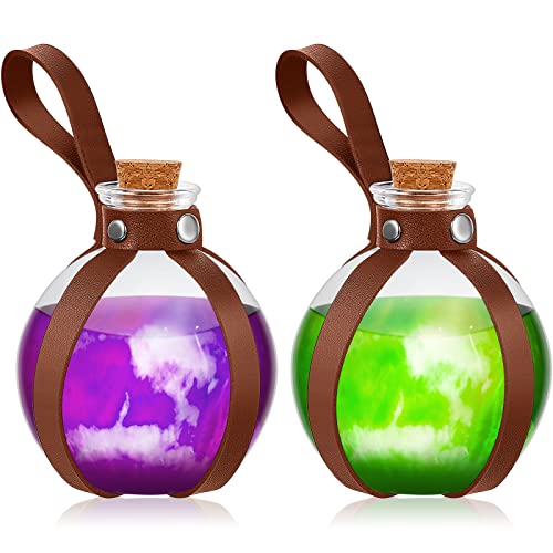 2 Pcs Cork Potion Bottle Cosplay Accessories With Faux Leather Belt Decorative Potion Bottles Witch Props Witch Costume for Adult Man Round Spherical Potion Bottle for Party DIY Crafts(Brown)