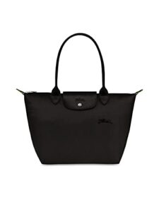 longchamp womens le pliage green shoulder leather trim tote handbag black large