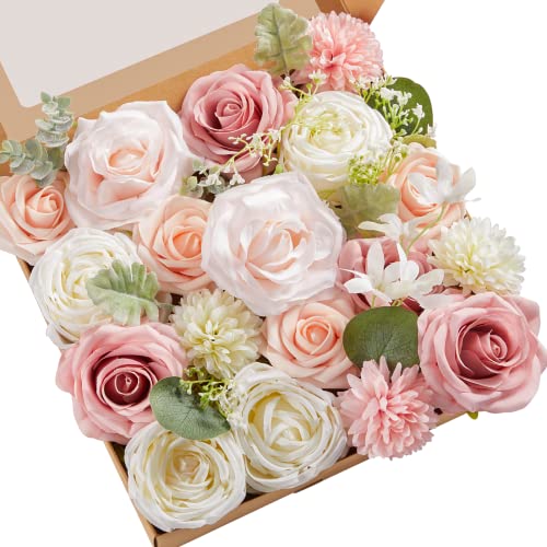 Serwalin Artificial Flowers Fake Silk Flowers for DIY Wedding Bouquets Cake Decoration Mixed Roses Combo Blush Pink and White Flower Centerpieces Arrangements for Party Table Chair Decor