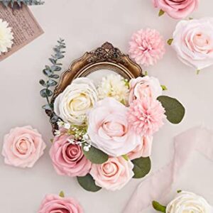 Serwalin Artificial Flowers Fake Silk Flowers for DIY Wedding Bouquets Cake Decoration Mixed Roses Combo Blush Pink and White Flower Centerpieces Arrangements for Party Table Chair Decor