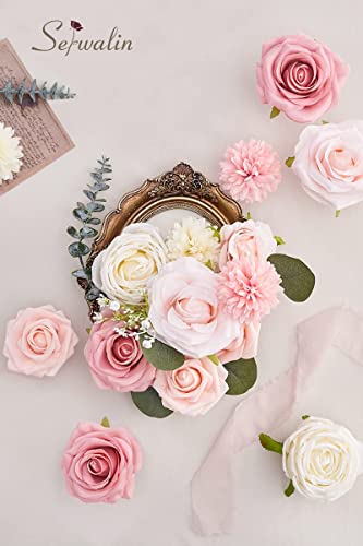 Serwalin Artificial Flowers Fake Silk Flowers for DIY Wedding Bouquets Cake Decoration Mixed Roses Combo Blush Pink and White Flower Centerpieces Arrangements for Party Table Chair Decor