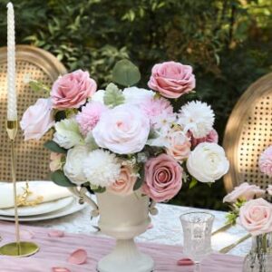 Serwalin Artificial Flowers Fake Silk Flowers for DIY Wedding Bouquets Cake Decoration Mixed Roses Combo Blush Pink and White Flower Centerpieces Arrangements for Party Table Chair Decor