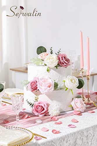 Serwalin Artificial Flowers Fake Silk Flowers for DIY Wedding Bouquets Cake Decoration Mixed Roses Combo Blush Pink and White Flower Centerpieces Arrangements for Party Table Chair Decor