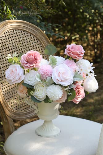 Serwalin Artificial Flowers Fake Silk Flowers for DIY Wedding Bouquets Cake Decoration Mixed Roses Combo Blush Pink and White Flower Centerpieces Arrangements for Party Table Chair Decor