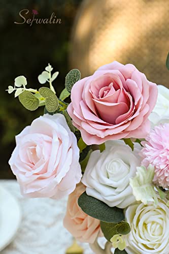 Serwalin Artificial Flowers Fake Silk Flowers for DIY Wedding Bouquets Cake Decoration Mixed Roses Combo Blush Pink and White Flower Centerpieces Arrangements for Party Table Chair Decor