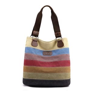 corios retro women’s handbag multicolor striped canvas tote bag large capacity shoulder bag casual hobo bag top handle bag for travel work party office shopping multicolor