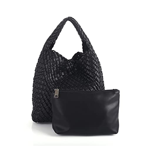 Woven Leather Bags for Women Knoted Women Handbag Designer Shoulder Bucket Purse Handmade Fashion Tote Hobo Bag Black-Small