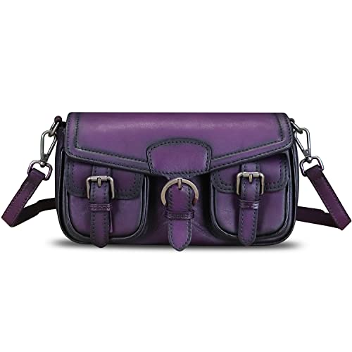 Genuine Leather Satchel for Women Vintage Handbag Purse Handmade Retro Crossbody Bag (Purple)