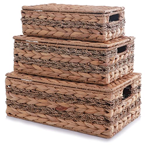 Citylife Water Hyacinth Storage Baskets with Lids Handwoven Wicker Baskets for Shelves Stackable Woven Storage Bins for Organizing, Set of 3