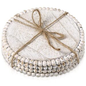 4 pieces wood beaded coasters 3.9 inch round rustic farmhouse coasters wooden coasters for drinks decorative table top coasters wood bar coaster set for housewarming home kitchen (beige)