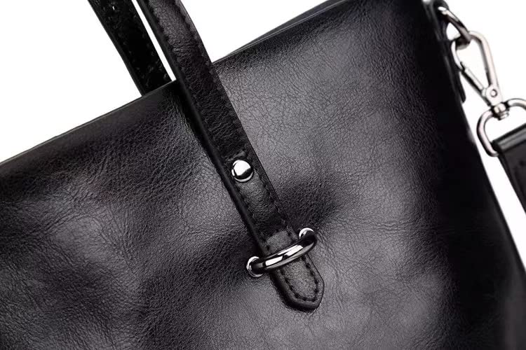 Black Vegan Leather Tote Bag - Large Shoulder Bag with Zipper and Inside Lining