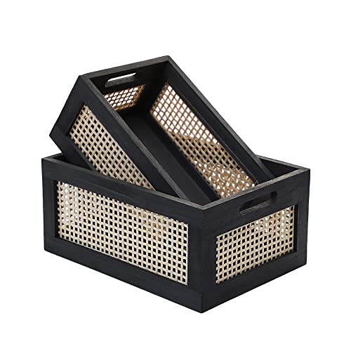 Desktop storage basket, sundry office drawer storage box, wood frame storage basket. (Black-Set2)