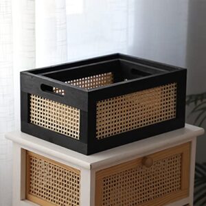 Desktop storage basket, sundry office drawer storage box, wood frame storage basket. (Black-Set2)