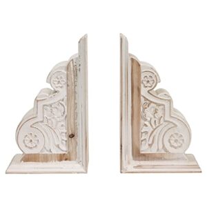 1 pair rustic distressed finish wood bookends, white bookends decorative unique, carved pattern farmhouse book ends for shelves, bookends for heavy books, wooden corbels for home room decor