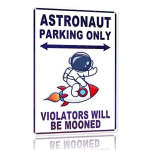 astronaut space sign decor – vintage astronaut space sign – outer space gifts for boys kids themed bedroom room wall decorations stickers decal stuff 8 x 12 inches