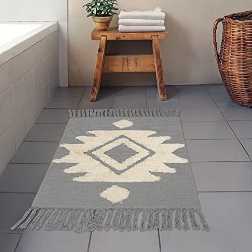 LEEVAN Bathroom Rug 2' x 3' Cotton Moroccan Kitchen Throw Rugs Grey Accent Geometric Tufted Doormat with Tassels Woven Farmhouse Small Area Rug Tribal Machine Washable Rug for EntryWay Hallway