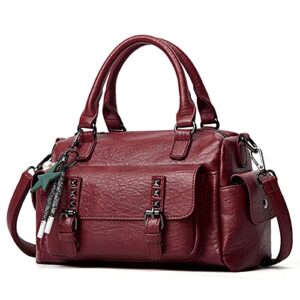 porrasso retro handbag women crossbody bag ladies shoulder bag with pendant satchel waterproof pu leather top-handle bag work travel dating boston bag red wine