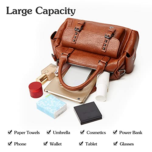 PORRASSO Retro Handbag Women Crossbody Bag Ladies Shoulder Bag with Pendant Satchel Waterproof PU Leather Top-Handle Bag Work Travel Dating Boston Bag Red Wine