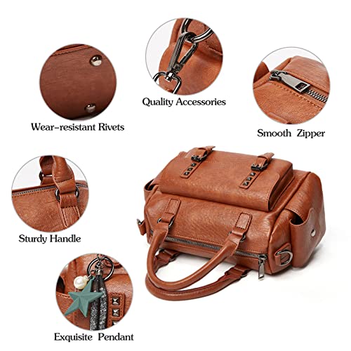 PORRASSO Retro Handbag Women Crossbody Bag Ladies Shoulder Bag with Pendant Satchel Waterproof PU Leather Top-Handle Bag Work Travel Dating Boston Bag Red Wine