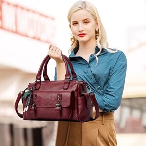 PORRASSO Retro Handbag Women Crossbody Bag Ladies Shoulder Bag with Pendant Satchel Waterproof PU Leather Top-Handle Bag Work Travel Dating Boston Bag Red Wine