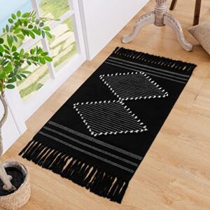 mitovilla black boho rug 2’x3′, black white small boho bathroom rug with tassel, farmhouse geometric bath mat, bohemian runner rug for bedroom, washable cotton woven living room throw rug