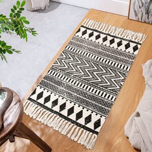 mitovilla black white small boho bathroom rug 2’x3′, vintage kitchen area runner rugs, cream tassel boho rug for bedroom, beige farmhouse geometric throw rug, tribal washable bohemian bath mat